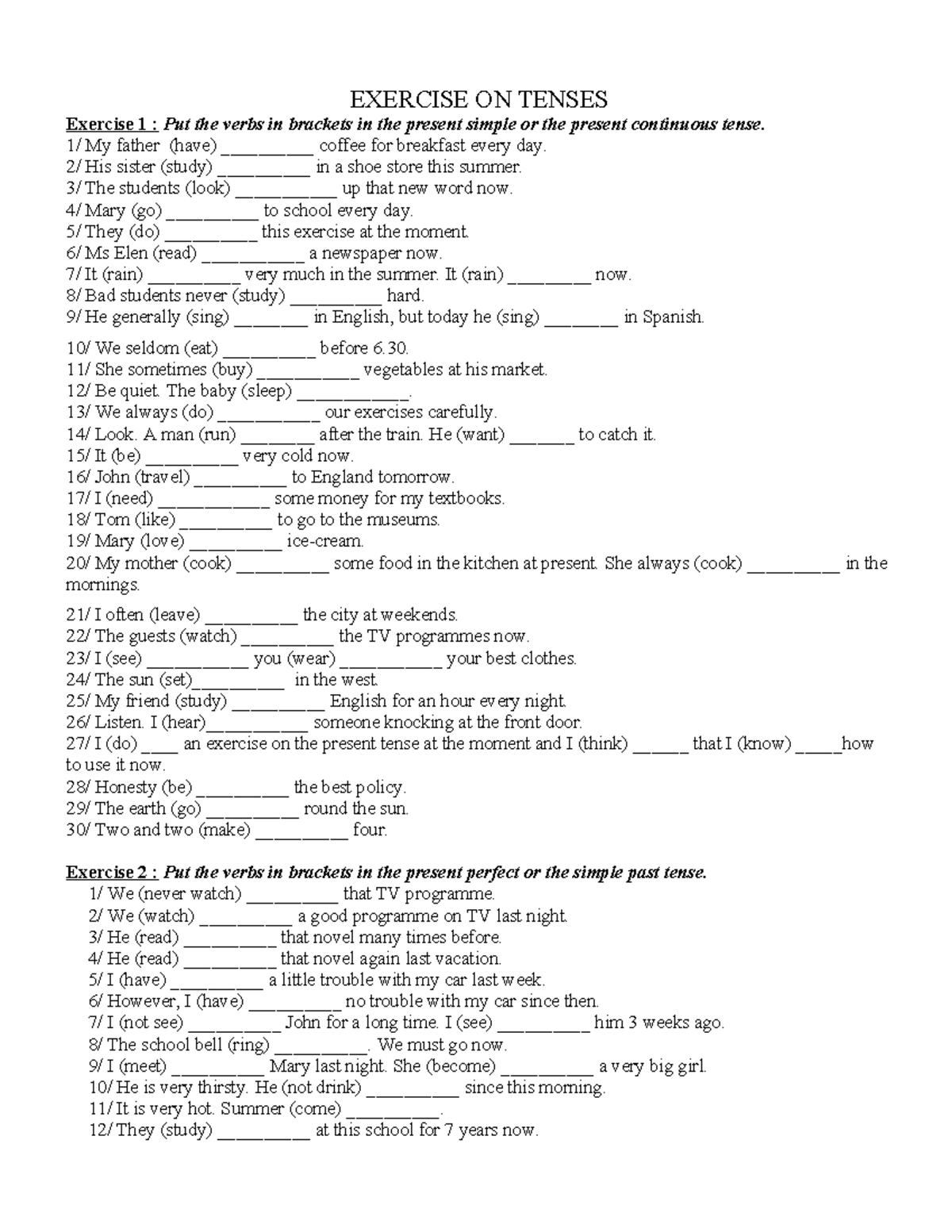 EXERCISE ON TENSES: Basic Practice on English Verb Tenses - Studocu