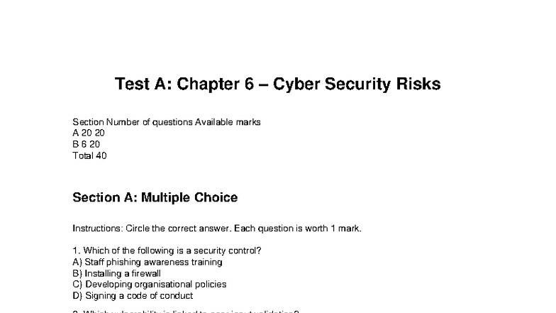 Chapter 6 Test A: Cyber Security Risks & Vulnerabilities - Studocu