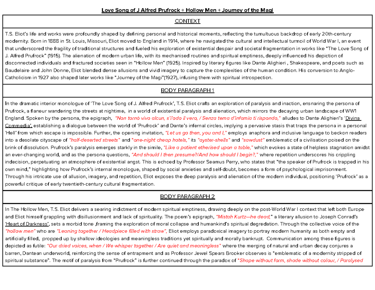 TS Eliot's Works: Contextual Analysis of Prufrock, Hollow Men & Magi ...