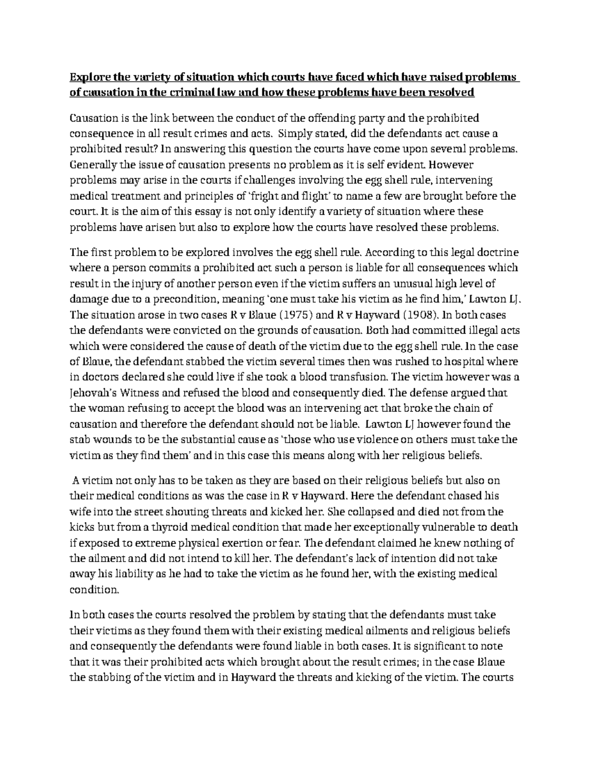 Causation in Criminal Law: Key Issues and Case Studies - Essay 2 - Studocu