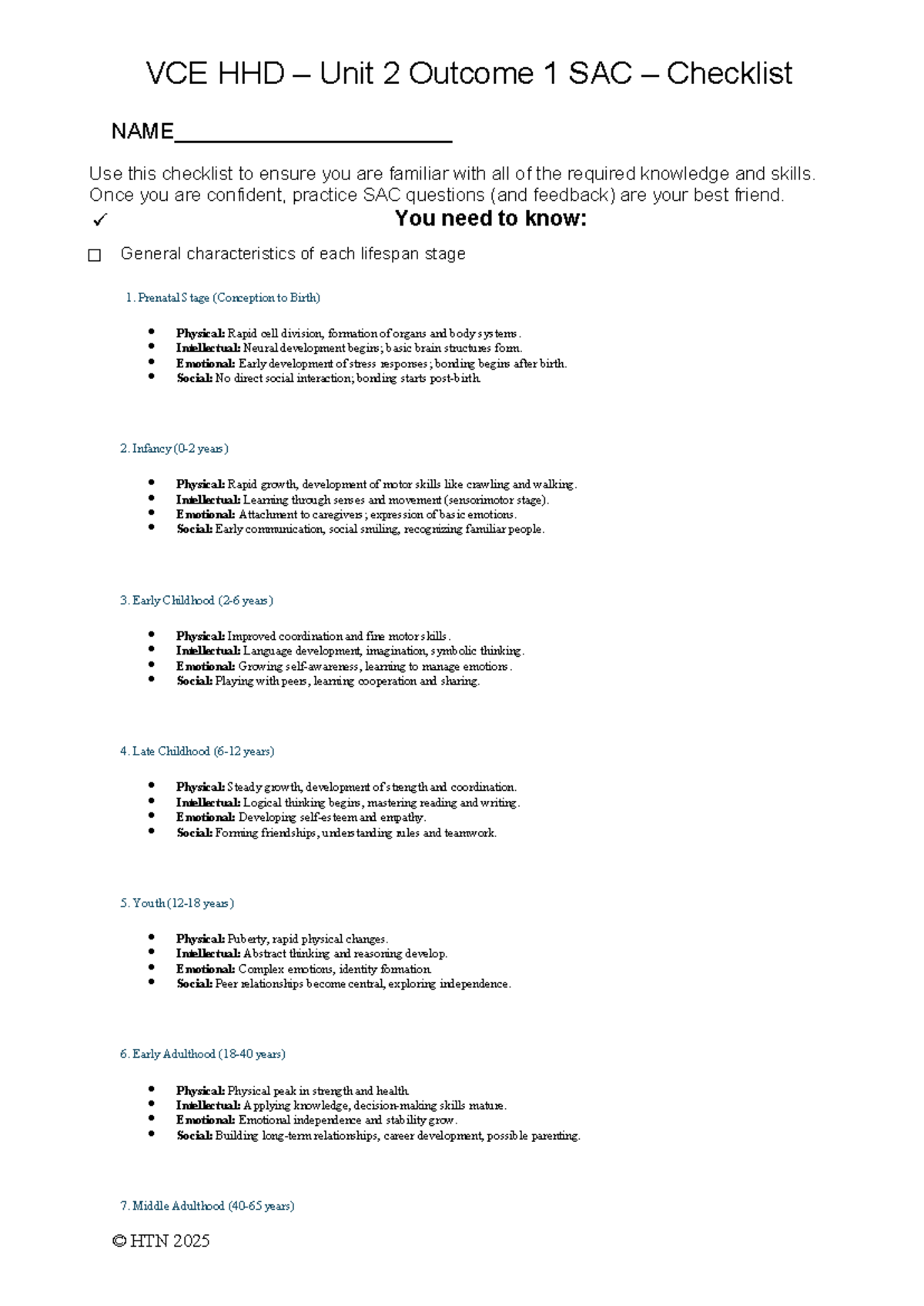 Unit 2 AOS 1 Checklist for Lifespan Development Understanding - Studocu