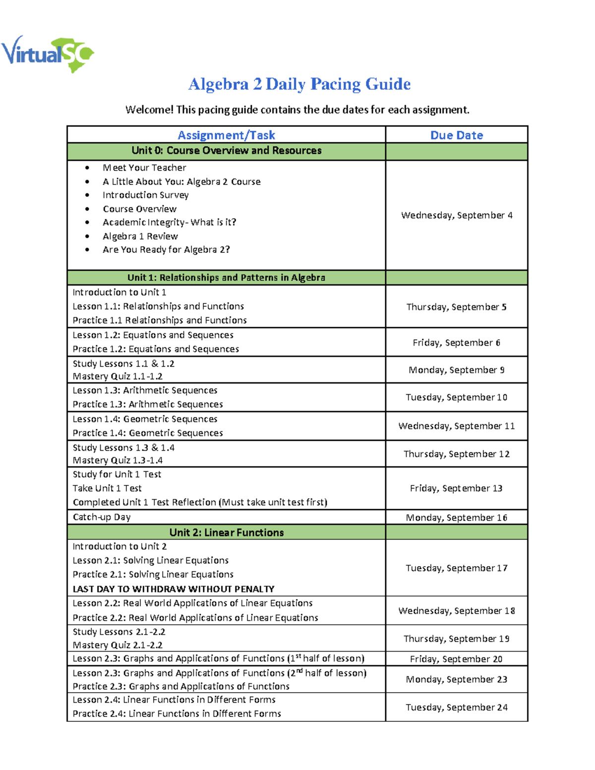 Algebra 2 Pacing Guide Fall 2024 Murphy - Algebra 2 Daily Pacing Guide ...
