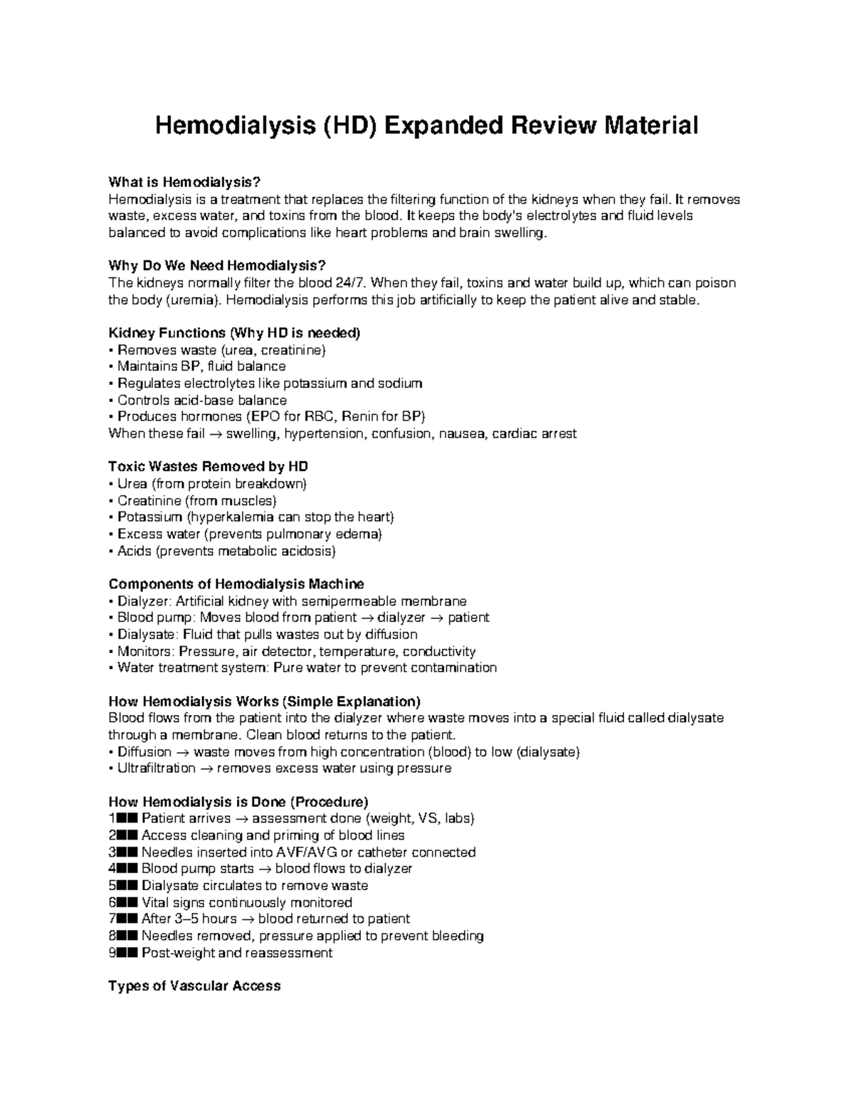Hemodialysis (HD) Comprehensive Review Notes - Studocu