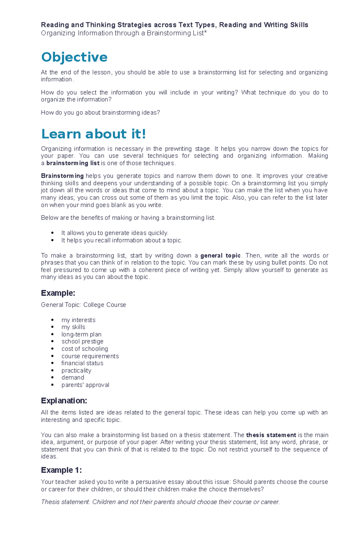 1.2 Organizing Information through a Brainstorming List - Reading and ...