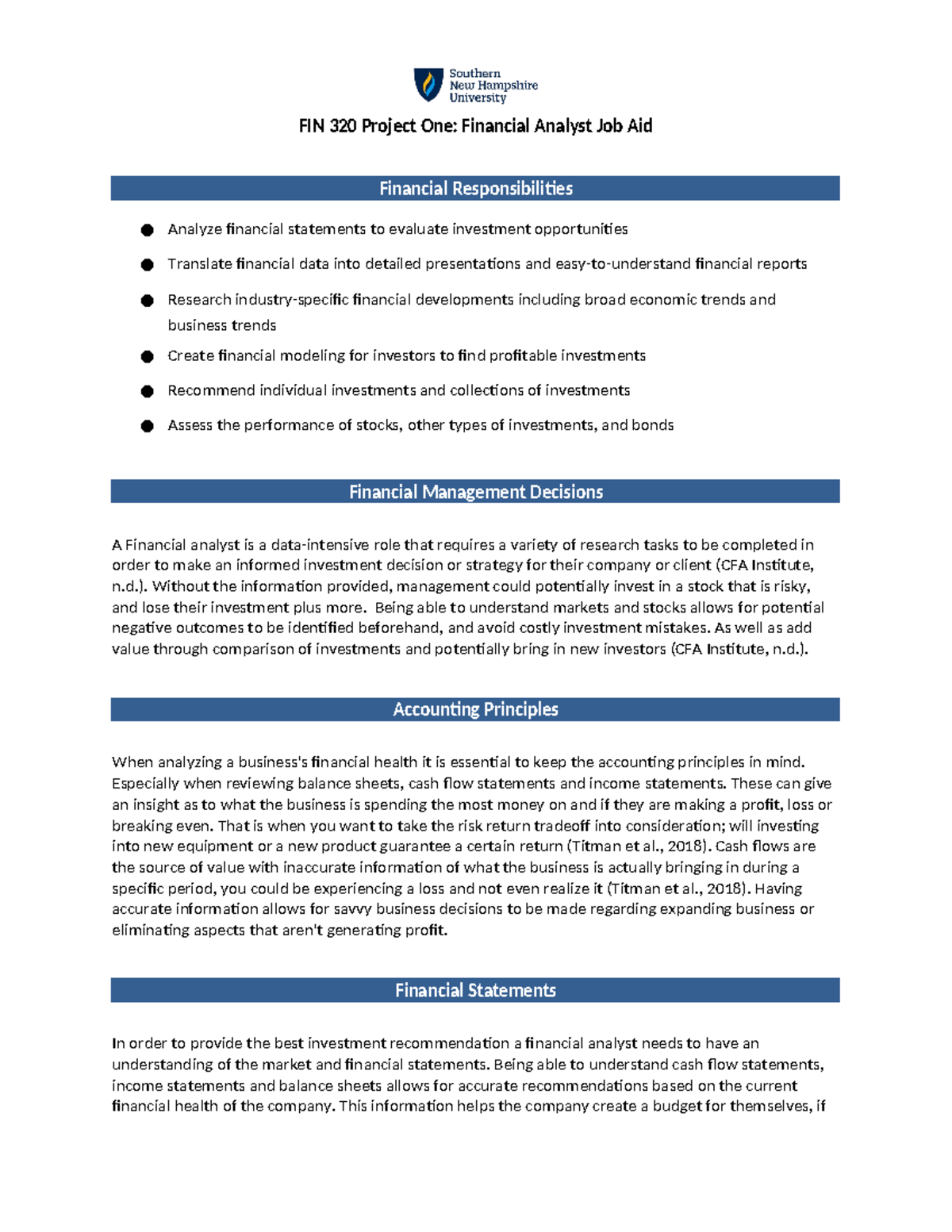FIN 320 Project One: Essential Guide for Financial Analysts - Studocu