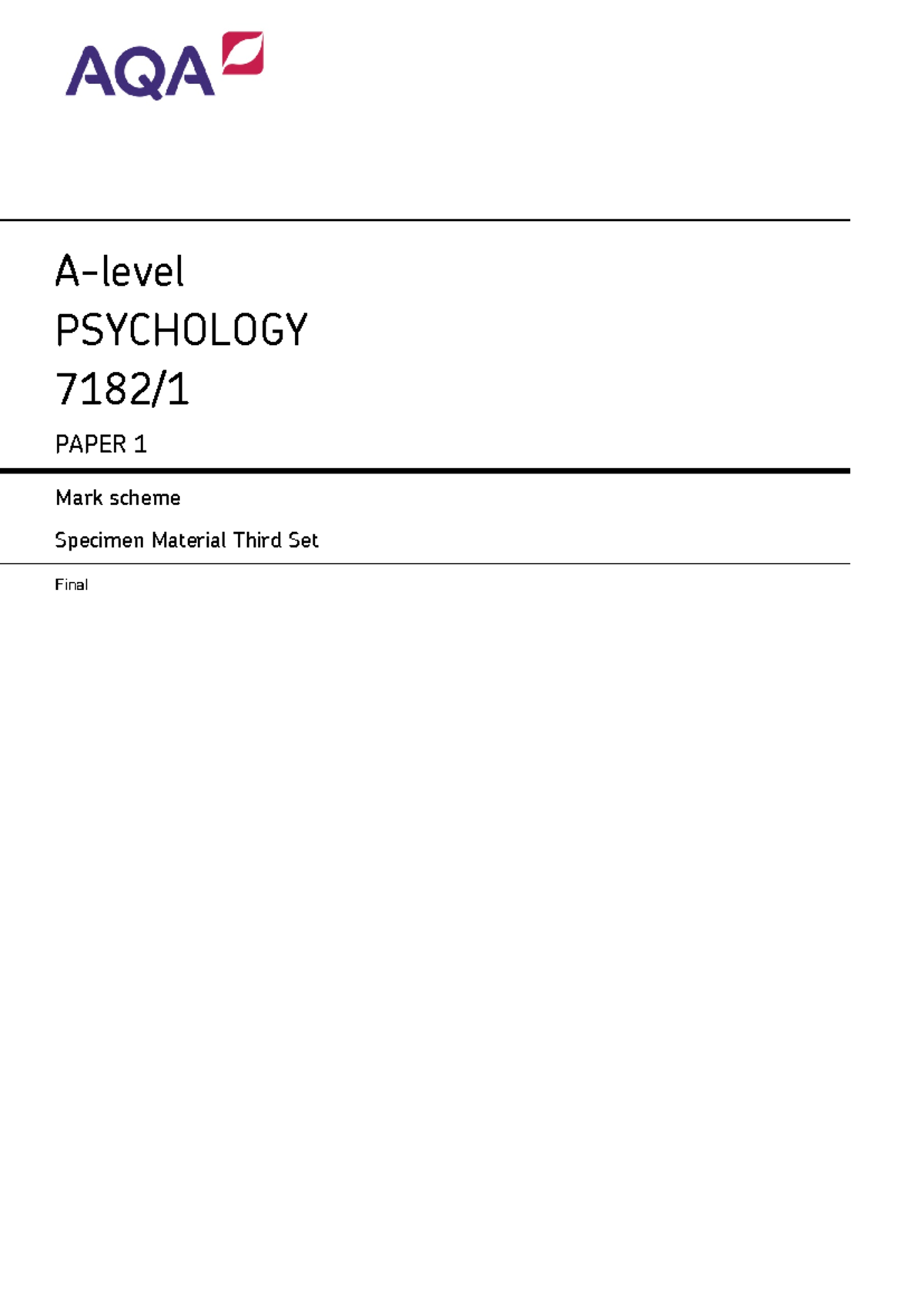 A-level Paper 1 - Specimen mark scheme (third set) - A-level PSYCHOLOGY ...