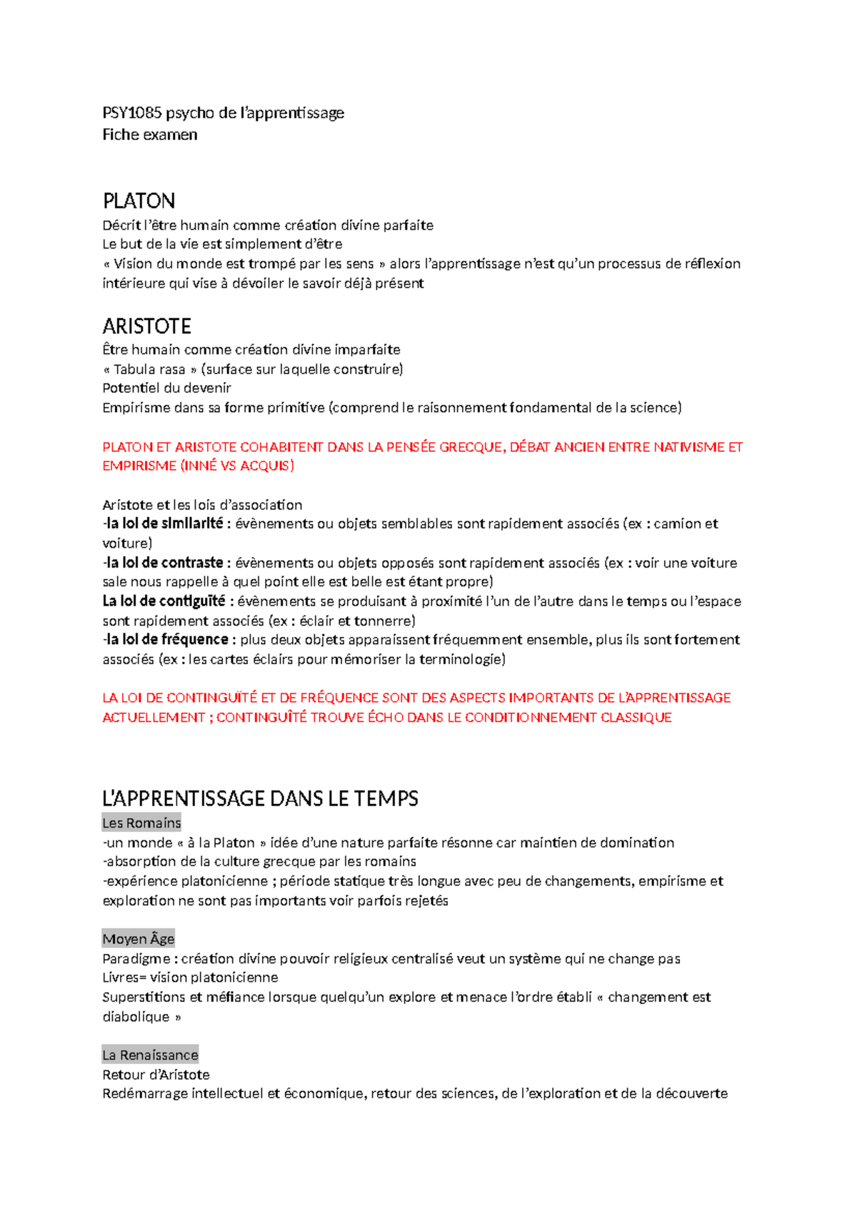 PSY1085 Intra - Notes de Cours sur Platon et Aristote - Studocu