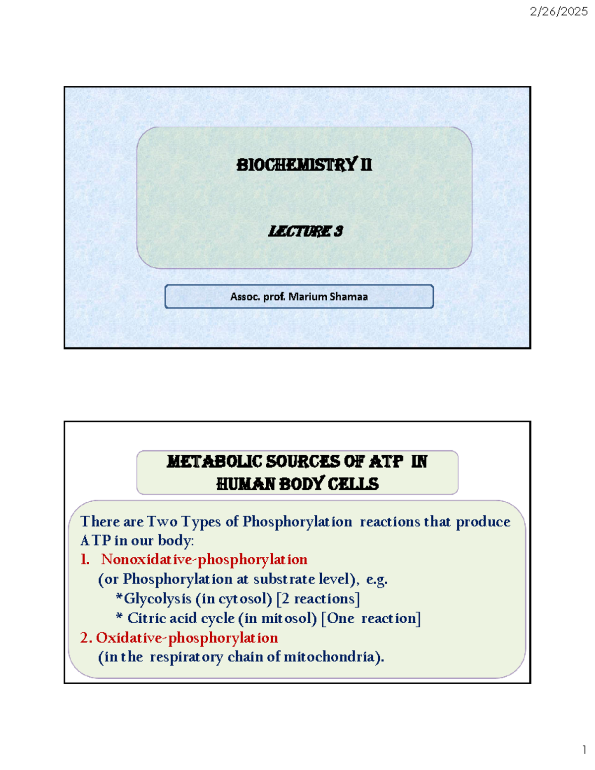 Biochemistry II Lecture 3: ATP Production Pathways in Human Cells - Studocu