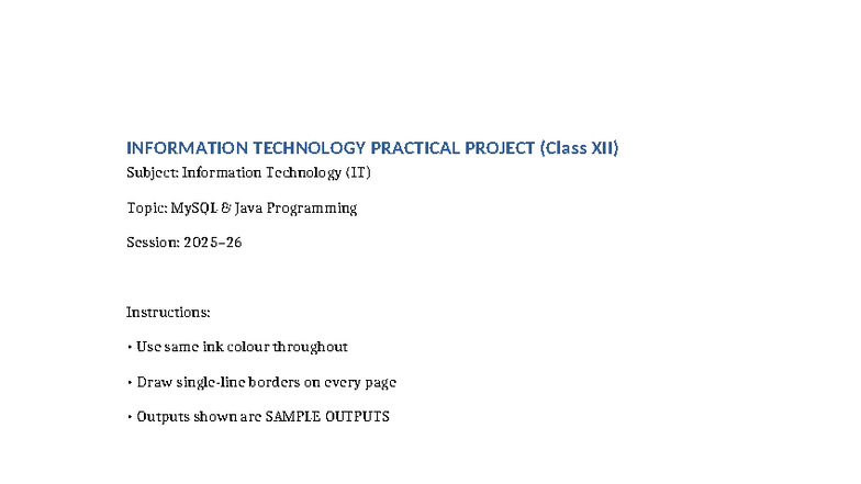 Class XII IT Practical Project: MySQL & Java Programming - Studocu