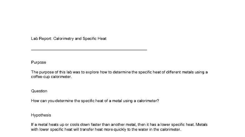Lab Report: Calorimetry & Specific Heat (CHEM 101) - Studocu
