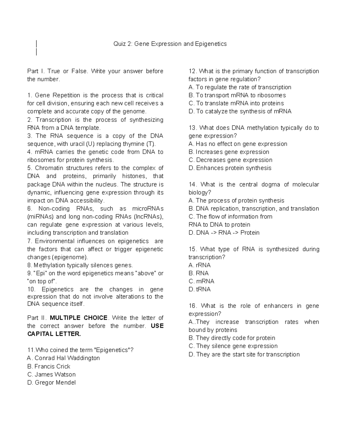 Final Quiz 2: Gene Expression & Epigenetics Insights - Studocu