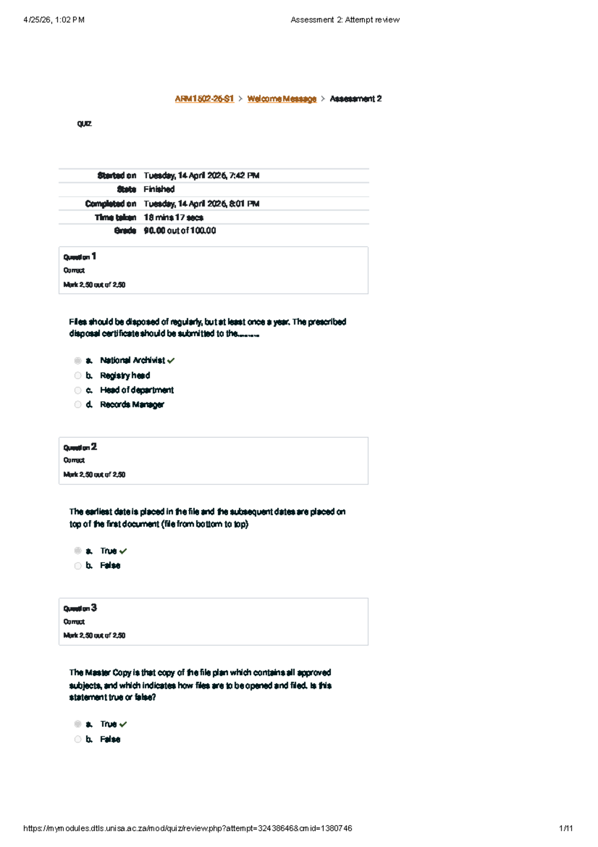 ARM 1502 Assessment 2: Attempt Review and Quiz Results - Studocu