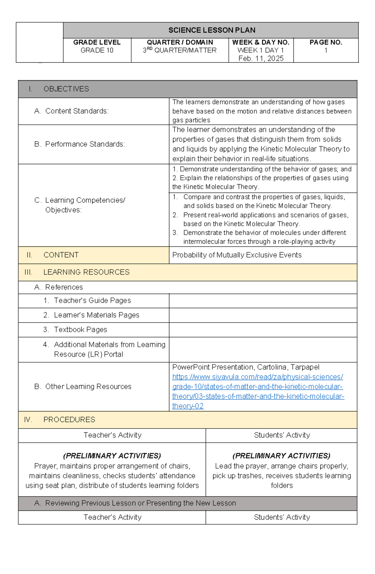 Draft-Lesson Plan KMT - GRADE LEVEL GRADE 10 QUARTER / DOMAIN 3 RD QUARTER/MATTER WEEK & DAY NO ...