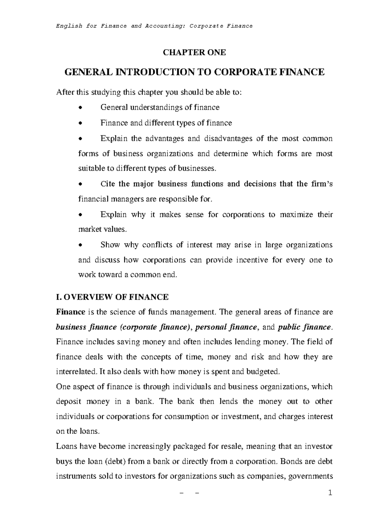 English for Finance and Accounting: Corporate Finance CHAPTER 1 ...