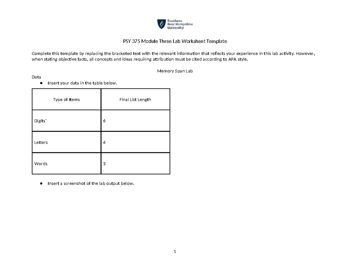 PSY 375 Module Three Lab Worksheet: Data Memory & Mental Rotation - Studocu