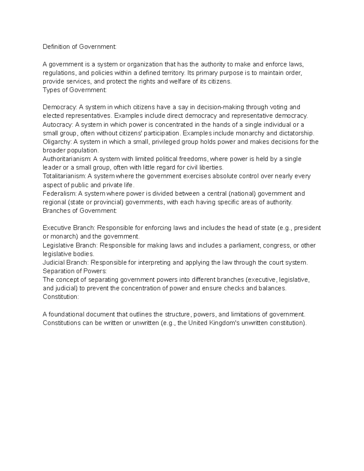 Introduction to Government: Types, Branches, and Key Concepts - Studocu