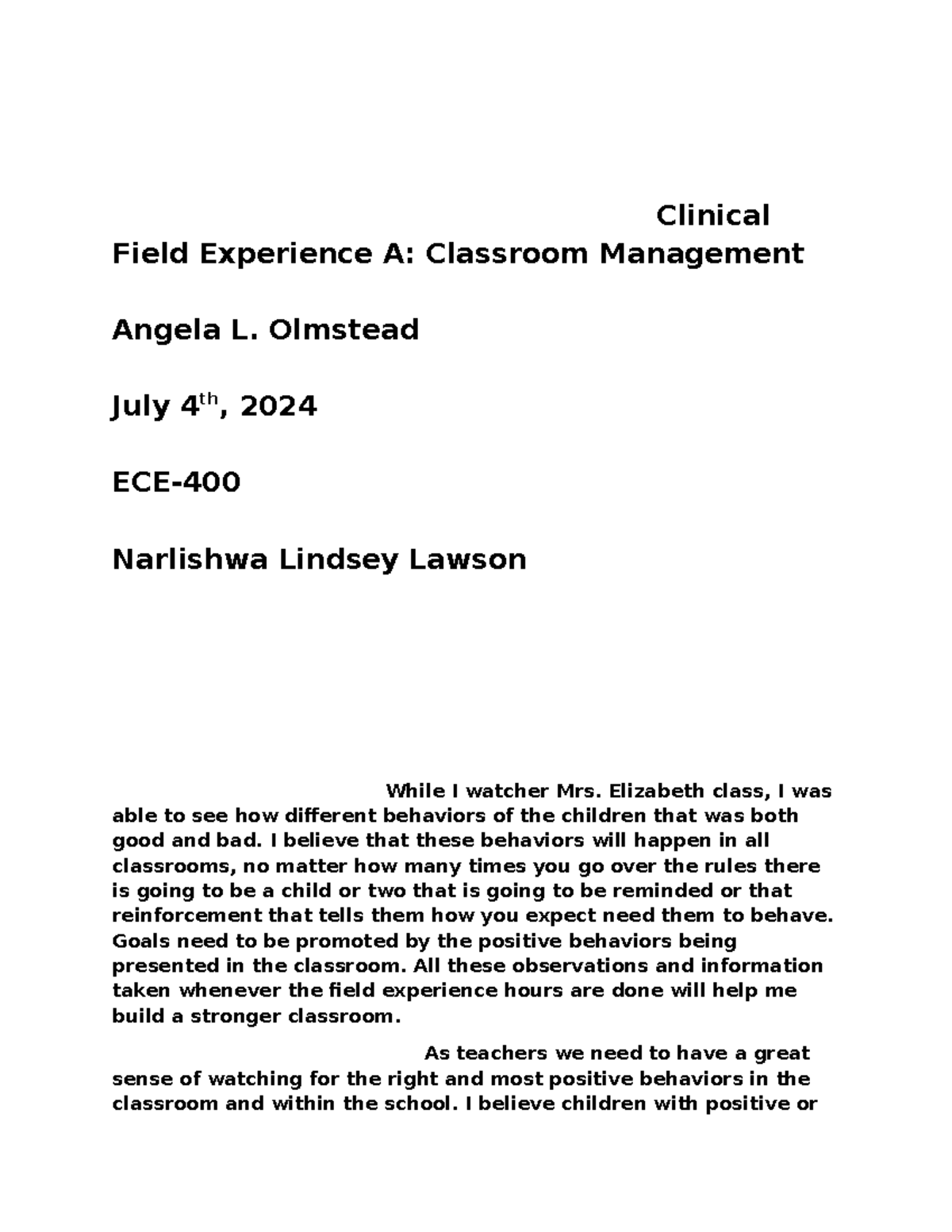 Clinical Field Experience A: Classroom Management Notes - ECE 400 - Studocu