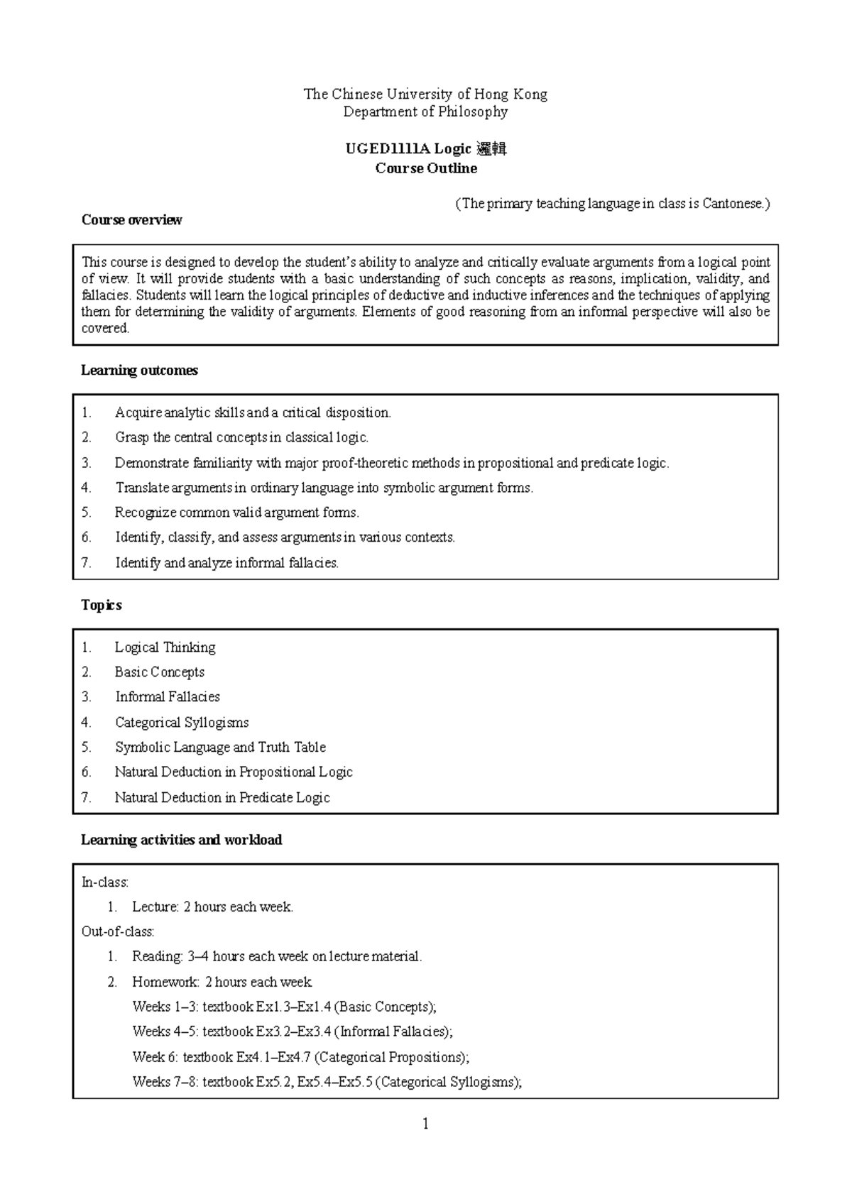 UGED1111 A Logic 2025 Course Outline and Learning Guide - Studocu