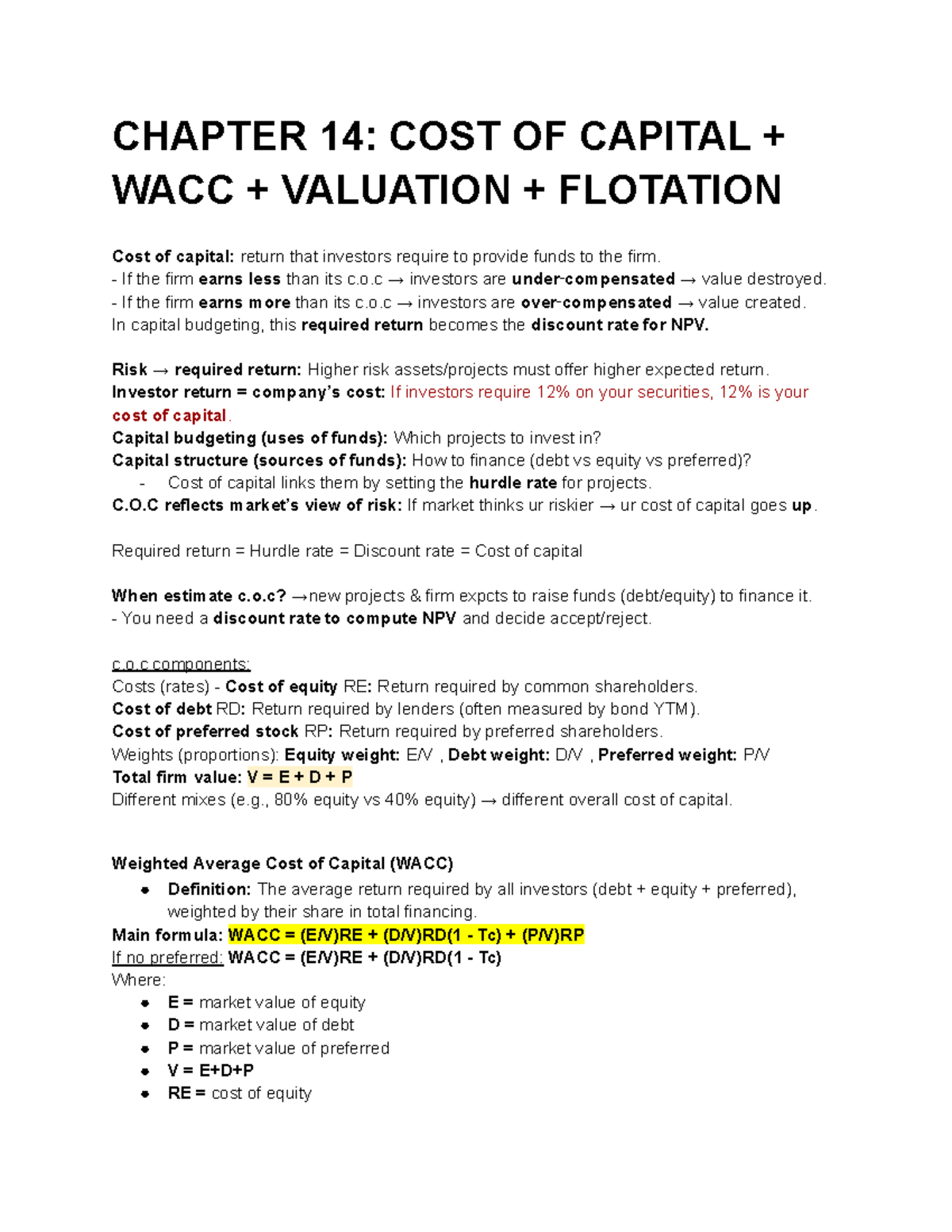 CHAPTER 14: COST OF CAPITAL & WACC VALUATION - 2FB3 Midterm Cheat Sheet ...