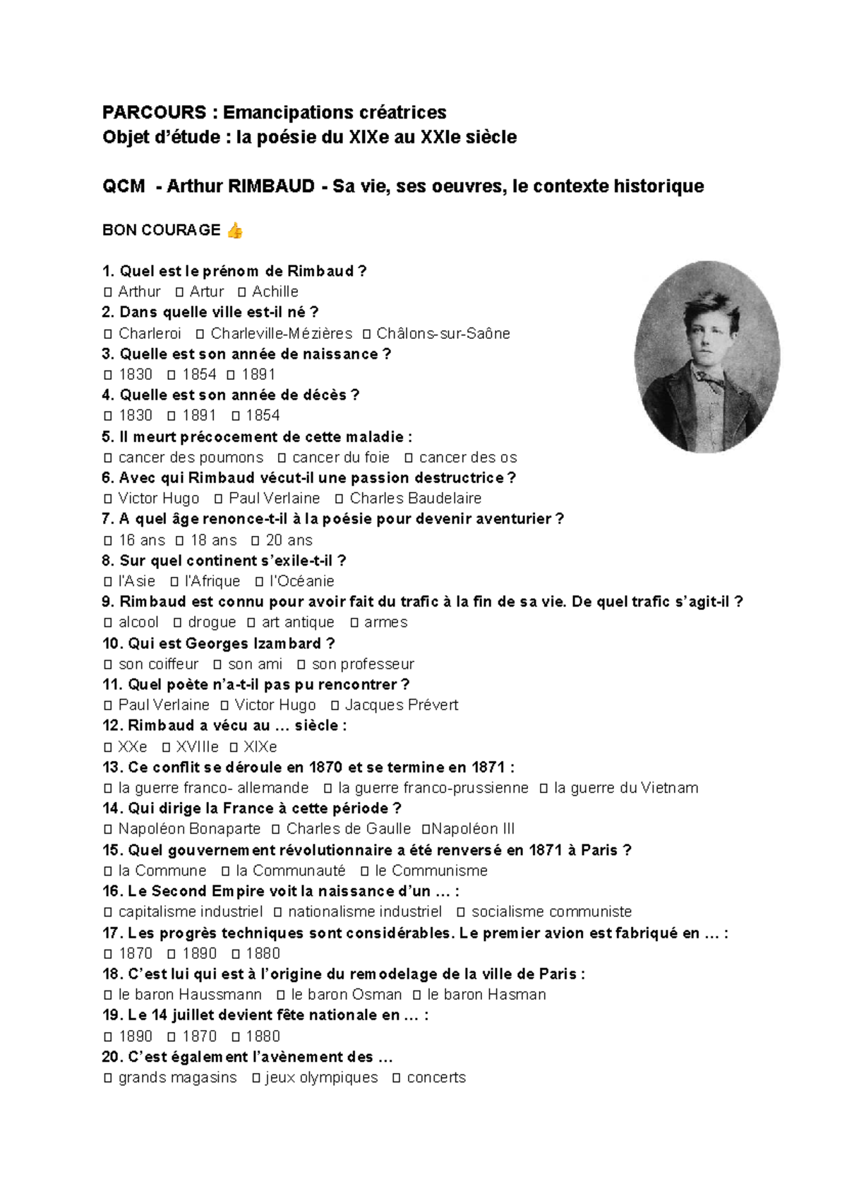1A Rimbaud : Quiz sur Sa Vie, Œuvres et Contexte Historique - Studocu