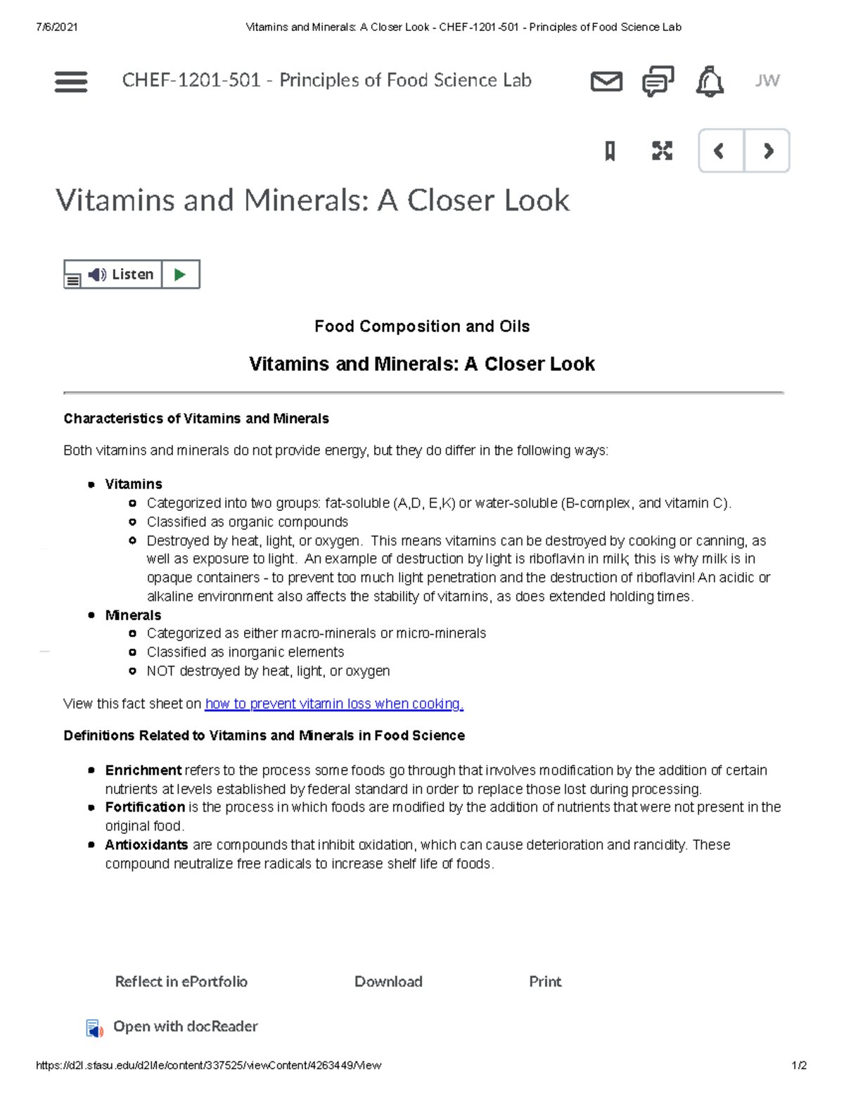 Vitamins and Minerals A Closer Look - CHEF-1201-501 - Principles of ...