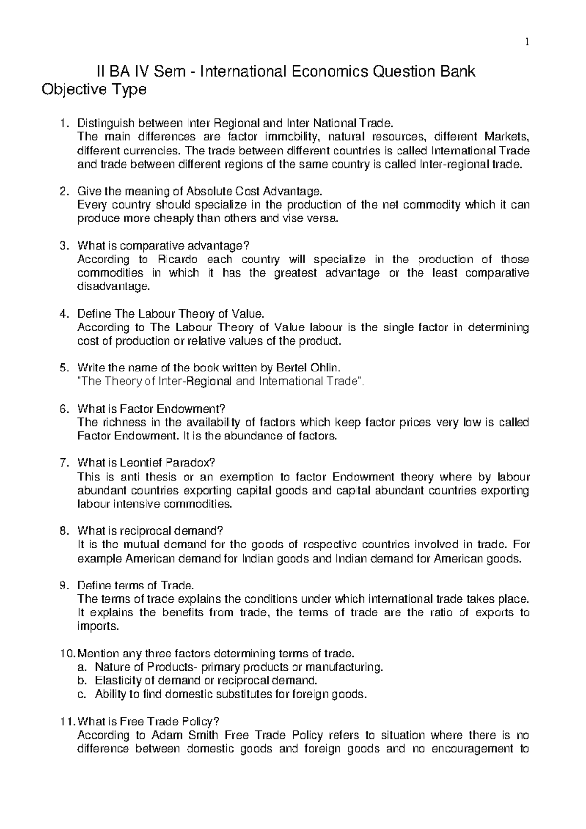 IV Sem International Economics Question Bank 2020: Objective ...