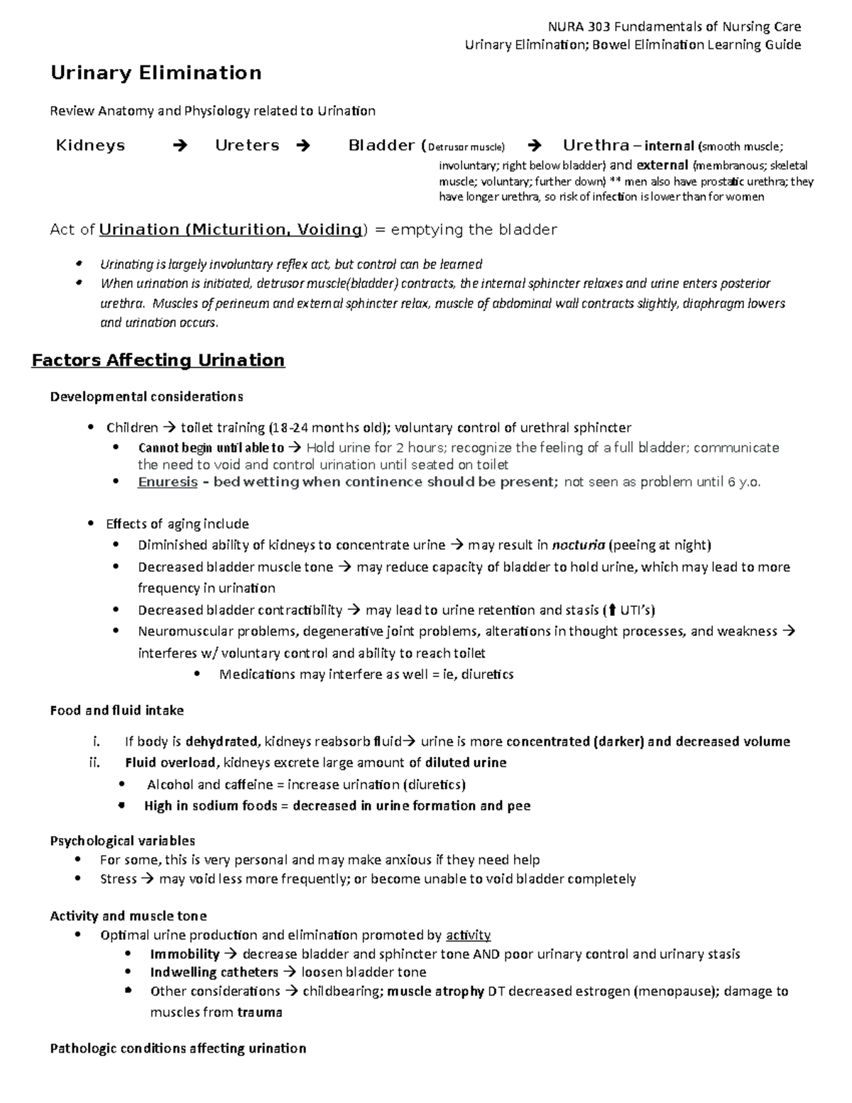 Urinary and Bowel Elimination Study Guide - Nursing 101 - Studocu
