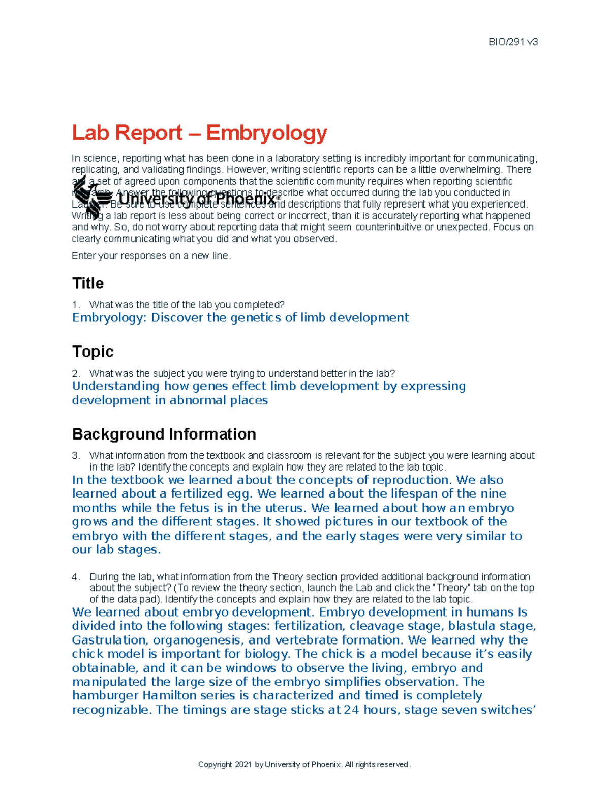 week 7 lab report - BIO/291 v Lab Report – Embryology In science ...