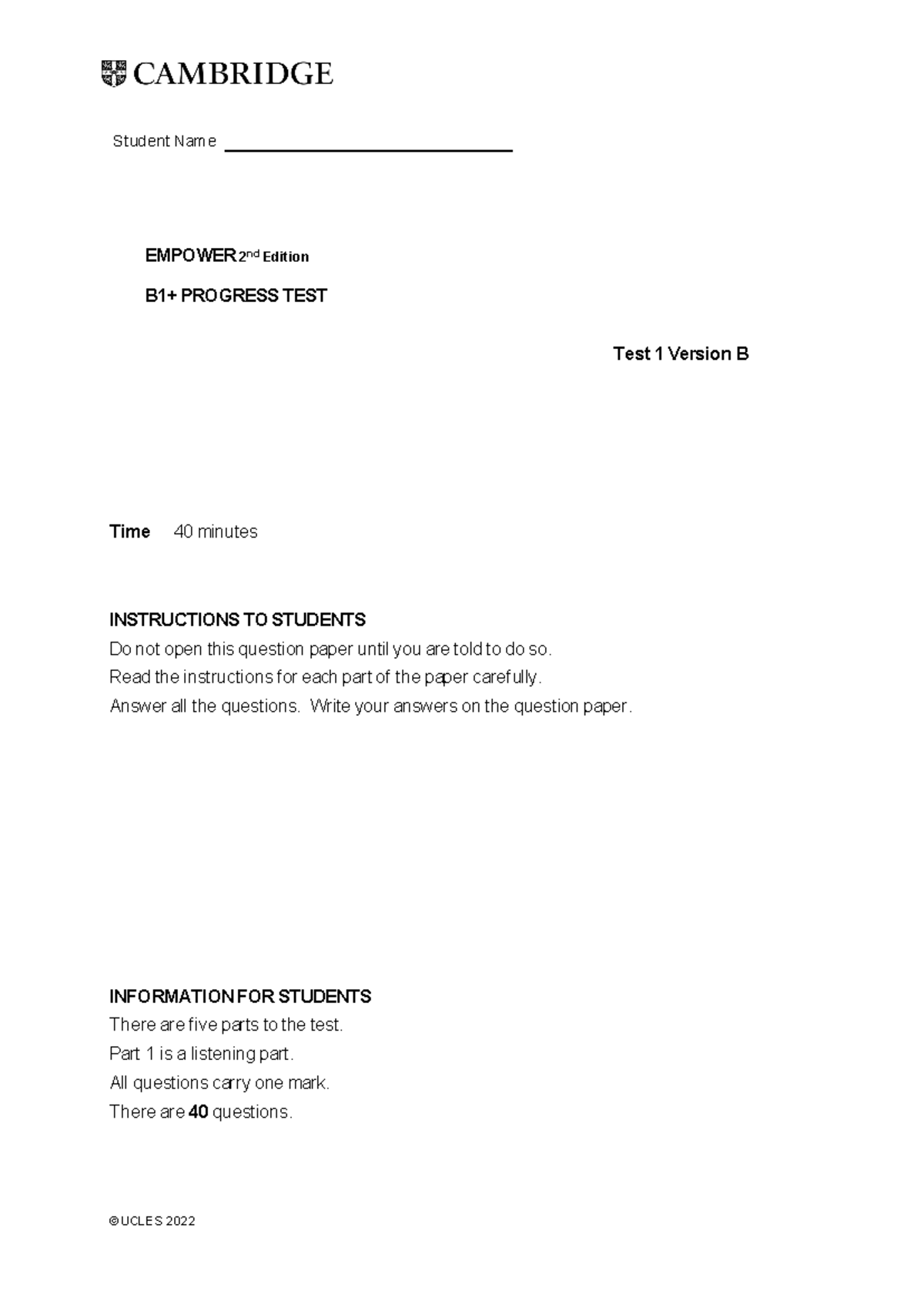 B1 Empower Second Edition Unit Progress Test 1 Version B Studocu