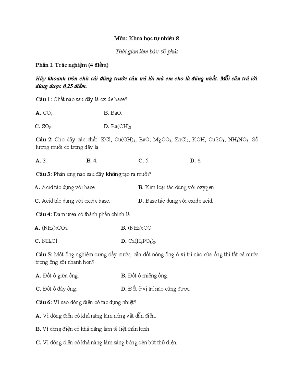 KHTN 8 - Đề Thi Trắc Nghiệm và Tự Luận Môn Khoa Học Tự Nhiên - Studocu