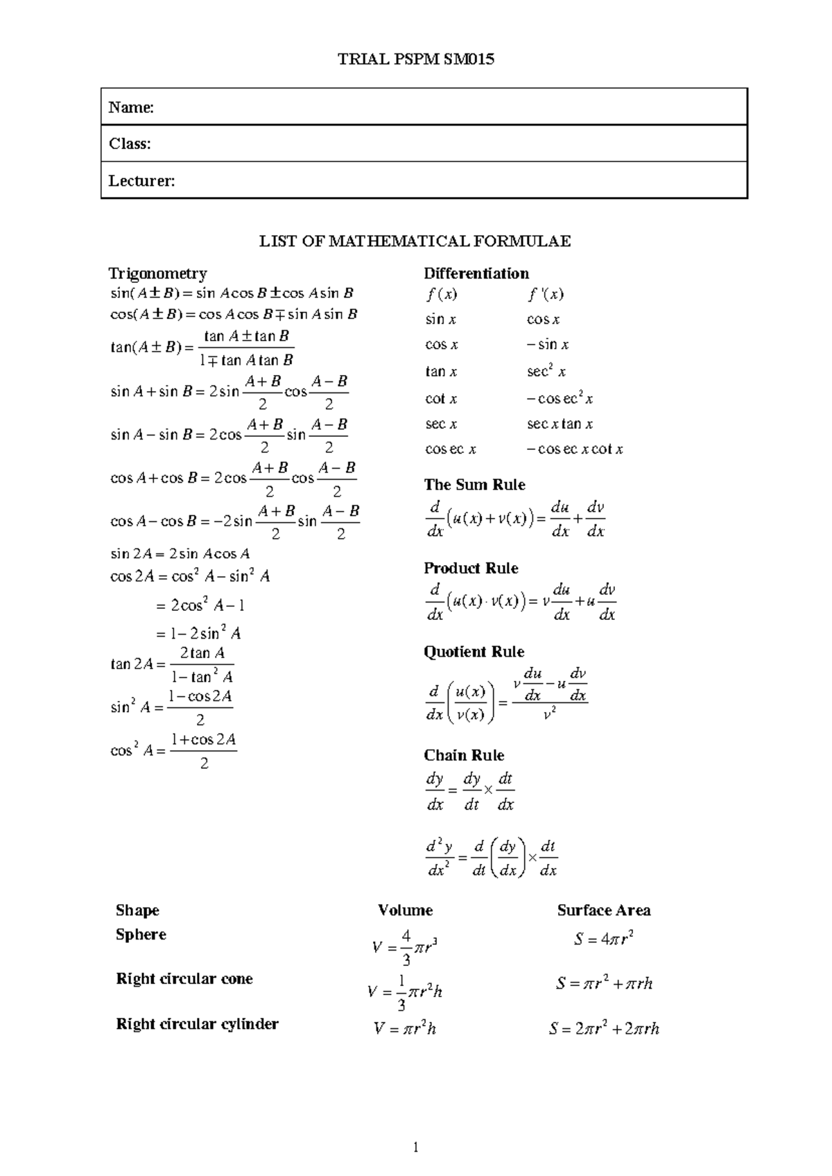 TRIAL PSPM SM015 - Mathematical Formulae & Calculus Concepts - Studocu