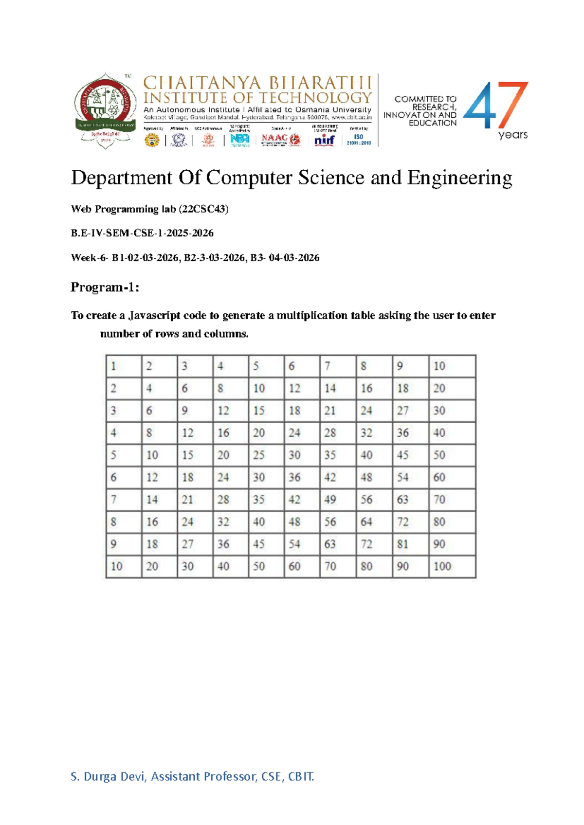 Web Programming Lab (22CSC43): JavaScript Code for Tables & Forms - Studocu