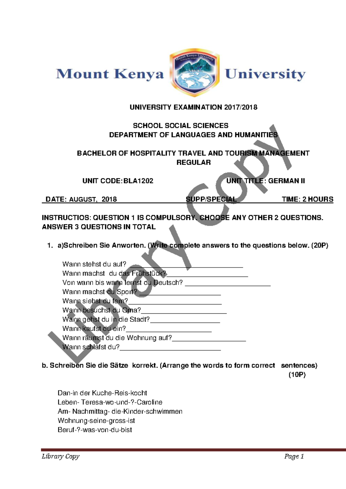 BLA1202 Final Exam: German II - August 2018 - Studocu