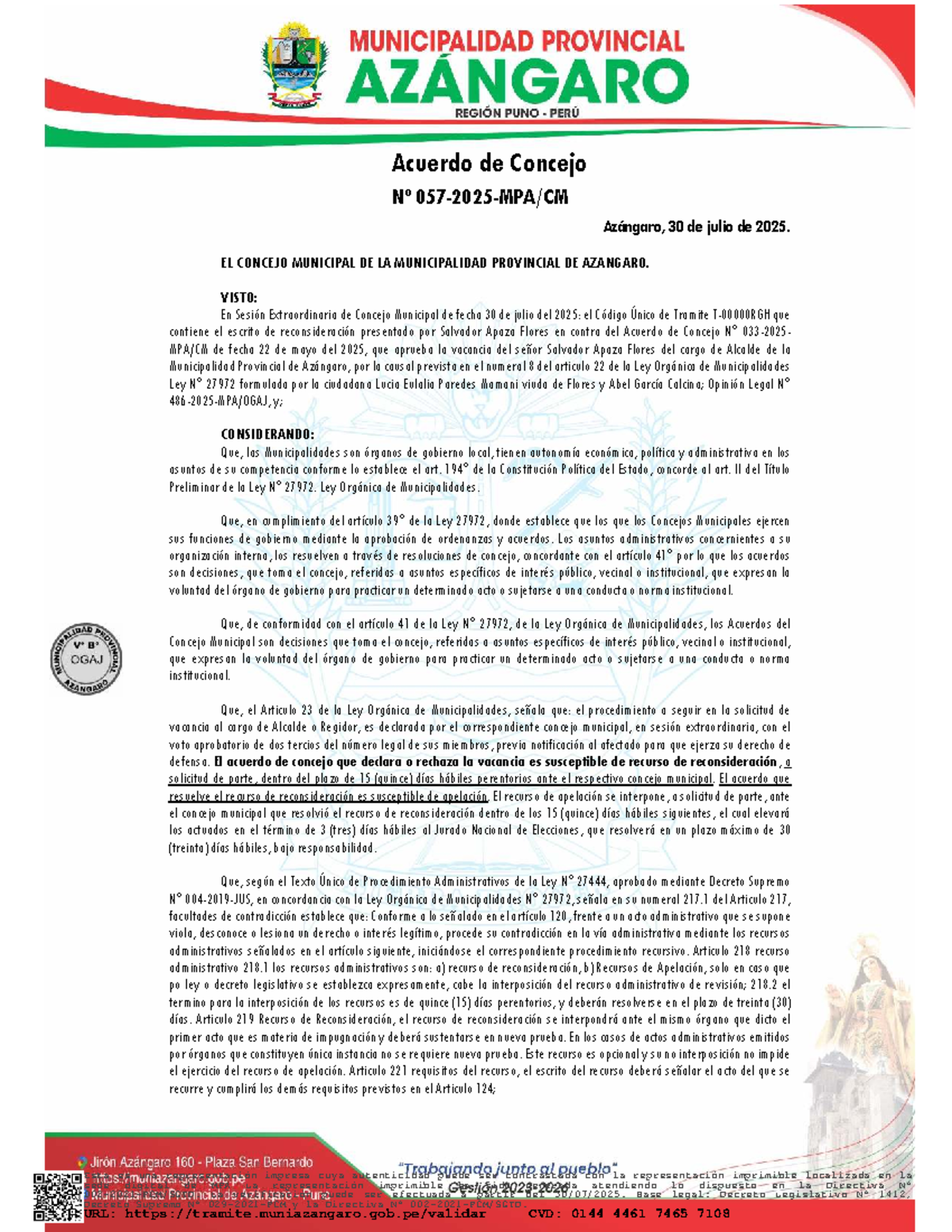 Acuerdo de Concejo N° 057-2025 MPA: Reconsideración de Vacancia - Studocu