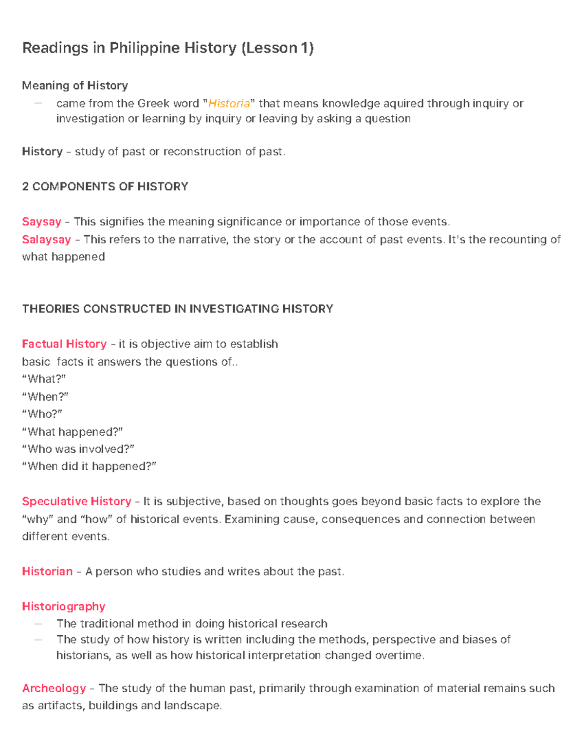 Readings in Philippine History (Lesson 1): Understanding History Concepts - Studocu