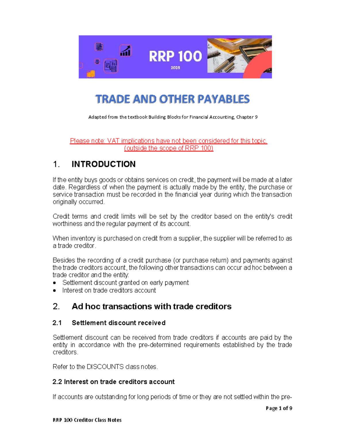Trade Creditors Control Account Preparation - RRP 100 Class Notes - Studocu