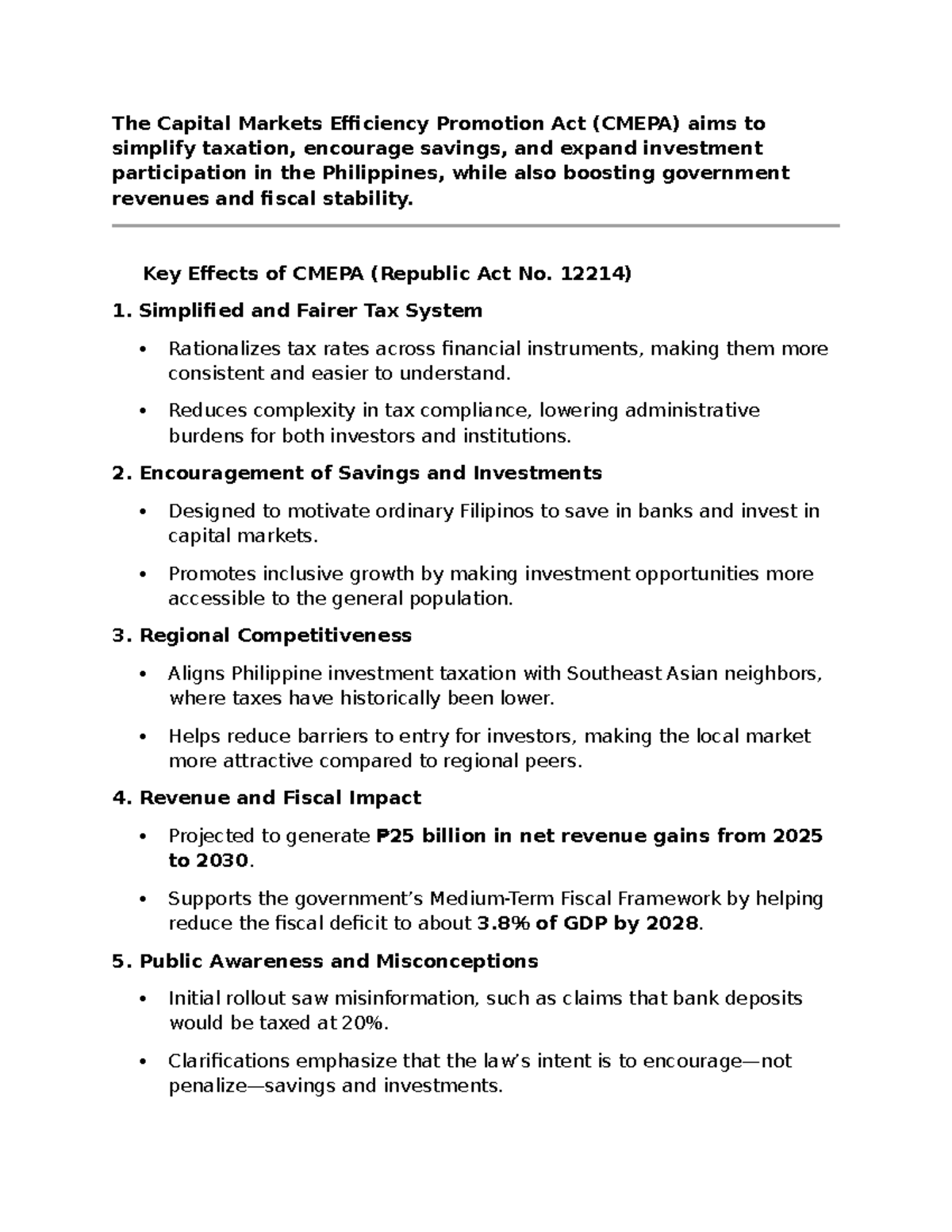 CMEPA: Key Effects on Taxation, Savings, and Investments in the ...