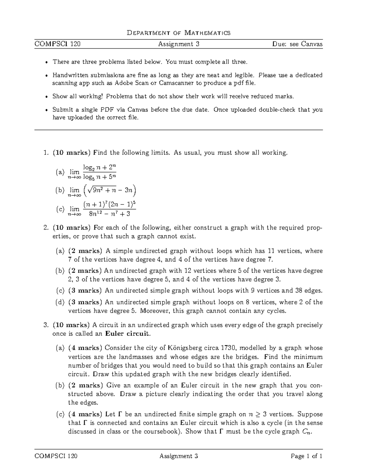 COMPSCI 120 Assignment 3: Limits and Graph Theory Problems - Studocu