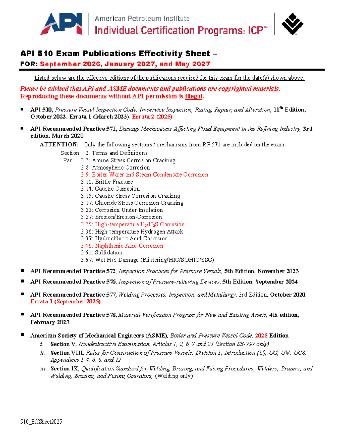 API 510 Exam Publications Effectivity Sheet: Sept 2026 - Studocu