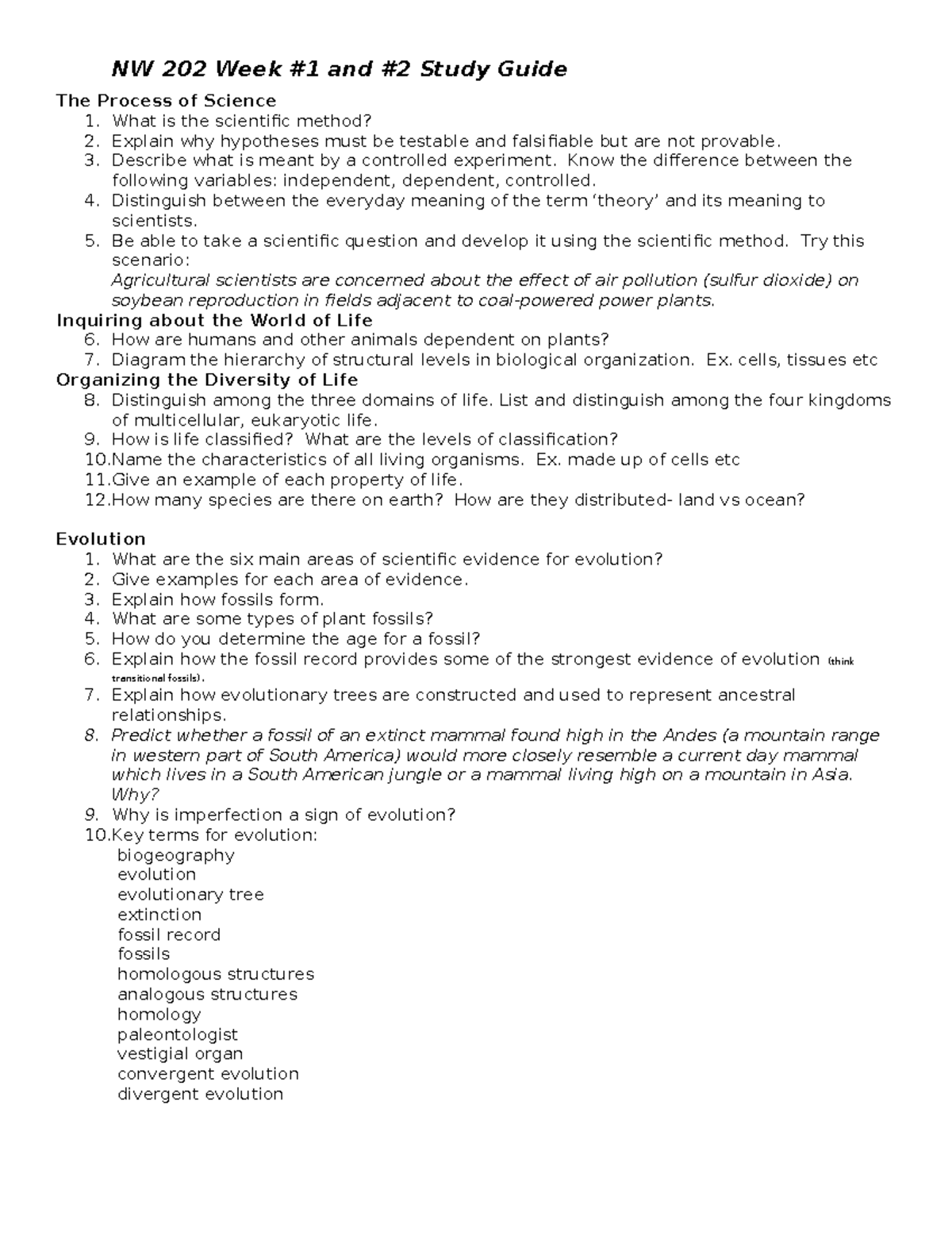NW 202 Week 1 & 2 Study Guide: Scientific Method & Evolution Concepts ...