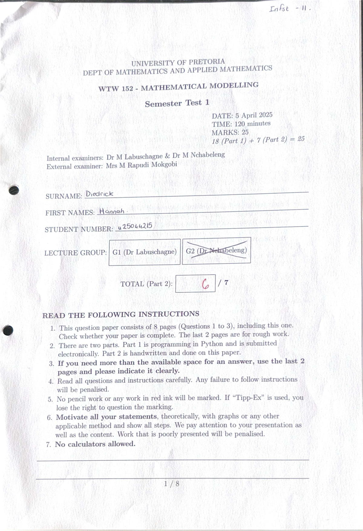 WTW 152 Semester Test 1: Mathematical Modelling Instructions ...