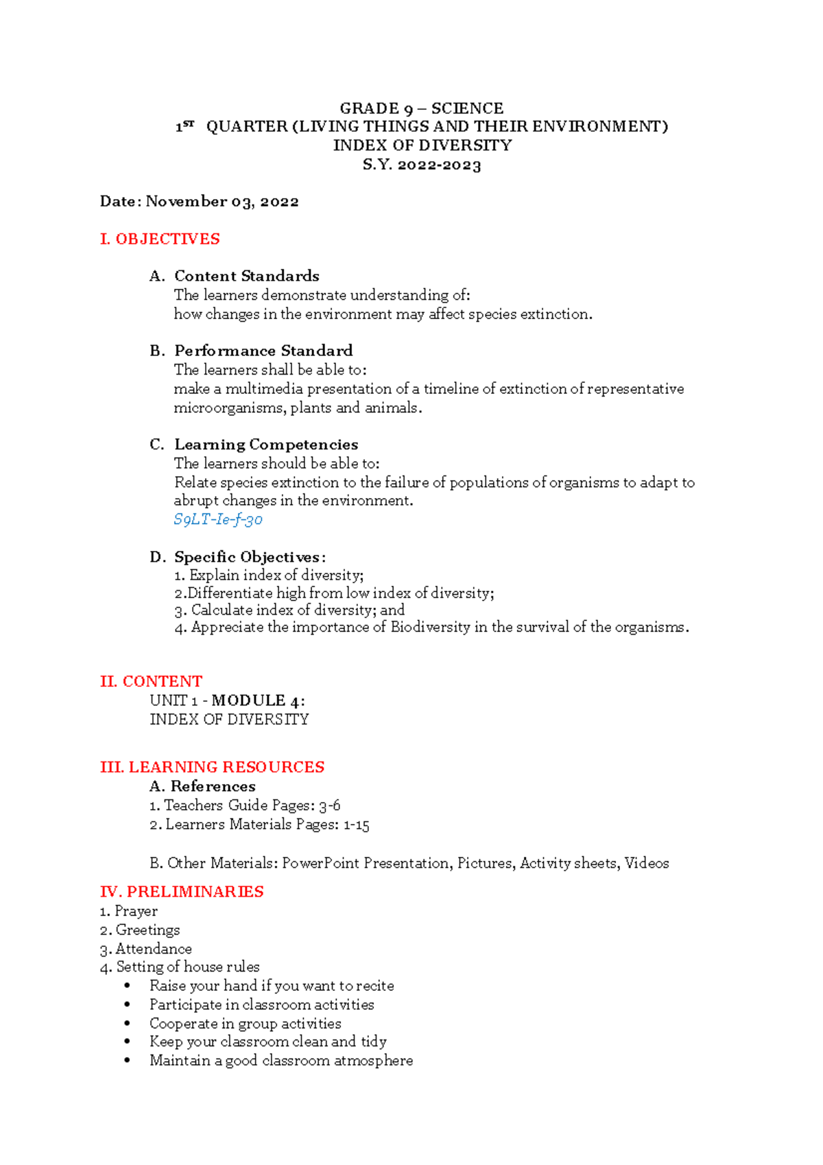 Lesson PLAN COT 1 - index of biodiversity dll - GRADE 9 – SCIENCE 1 ST ...