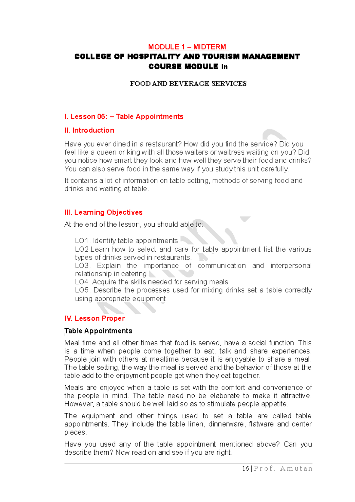 Lesson 05: Understanding Table Appointments in F&B Services - Studocu