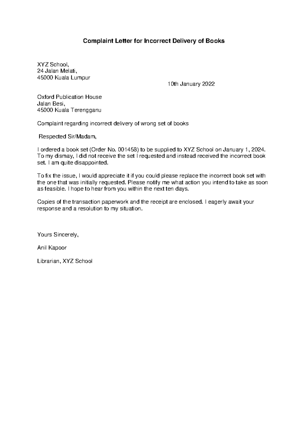 Complaint Letter Sample: Incorrect Book Delivery - XYZ School - Studocu