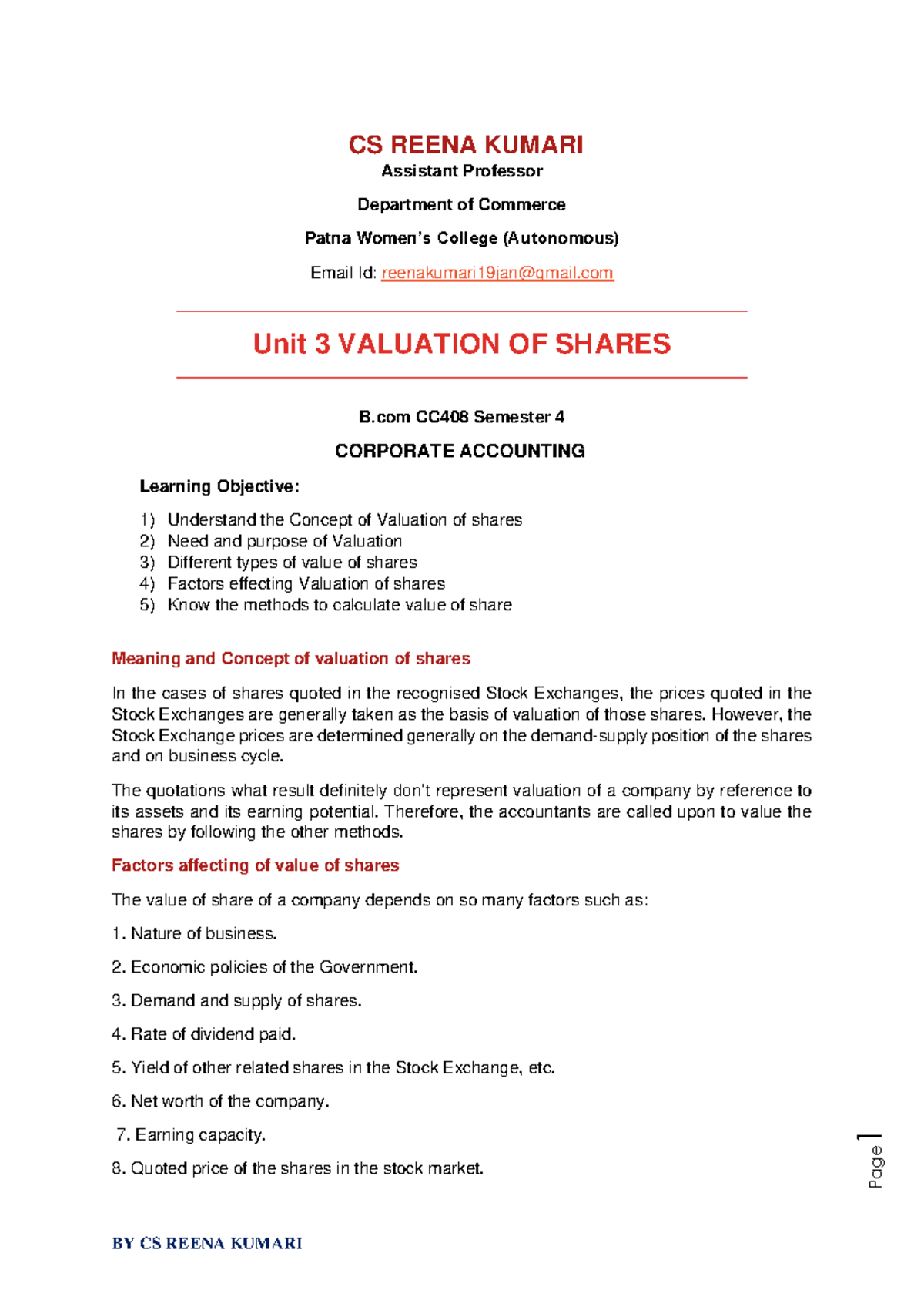 B.COM SEM 4 CC408 Final Exam Study Notes on Valuation of Shares - Studocu