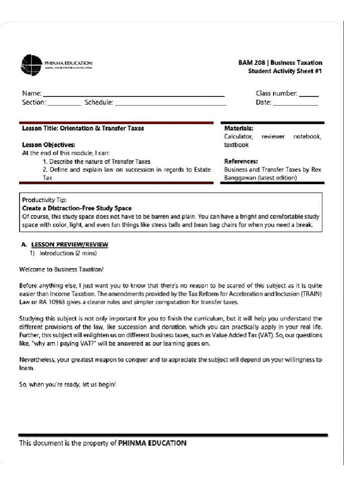 BAM 208 I Business Taxation: Transfer Taxes Module 1 Activity Sheet ...