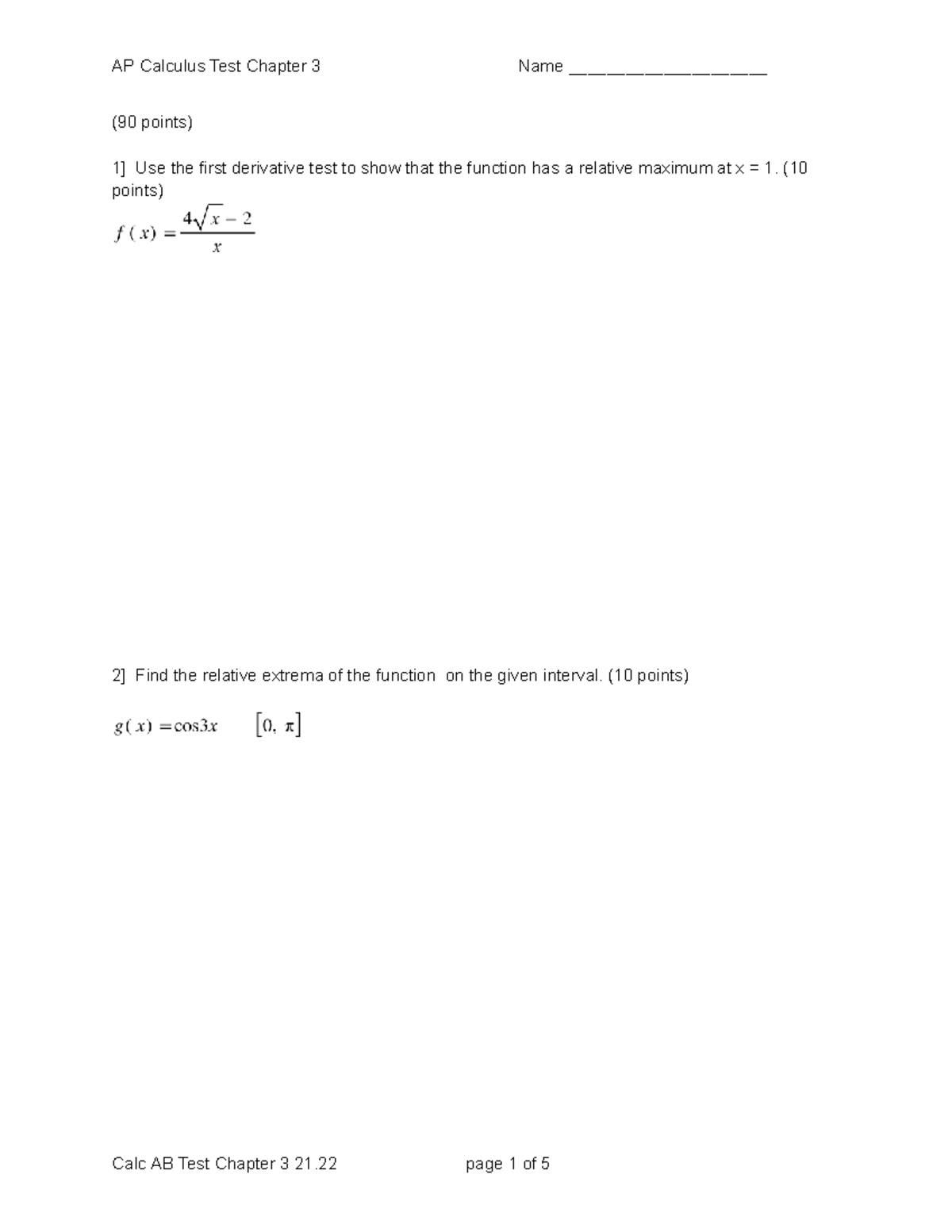AP Calculus AB Test Chapter 3 Practice Questions and Solutions - Studocu