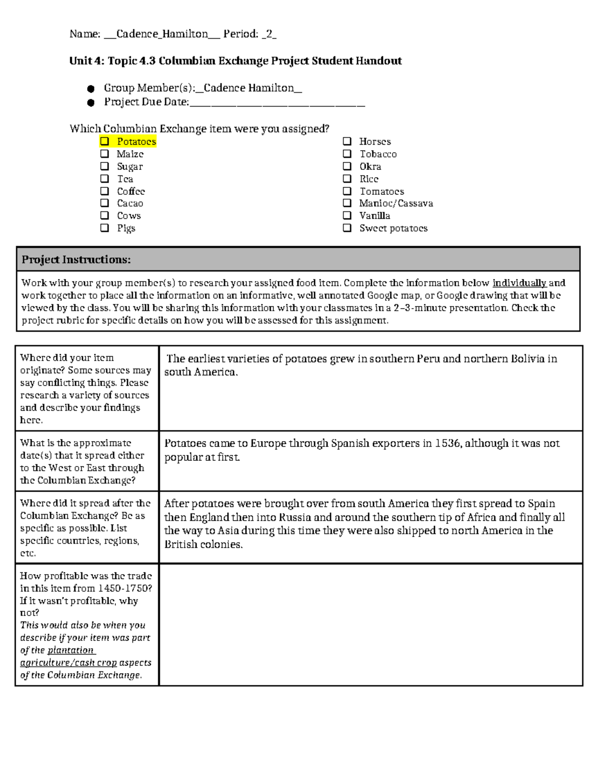 Unit 4: Columbian Exchange Project Handout - 2019 - Studocu
