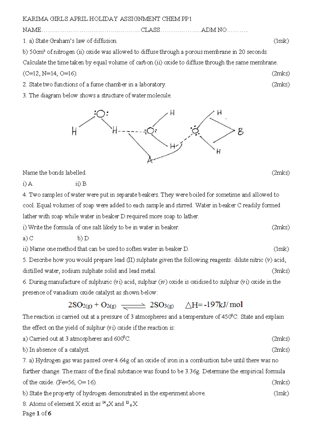 Karima Girls Chemistry Holiday Assignment Pp1 Studocu