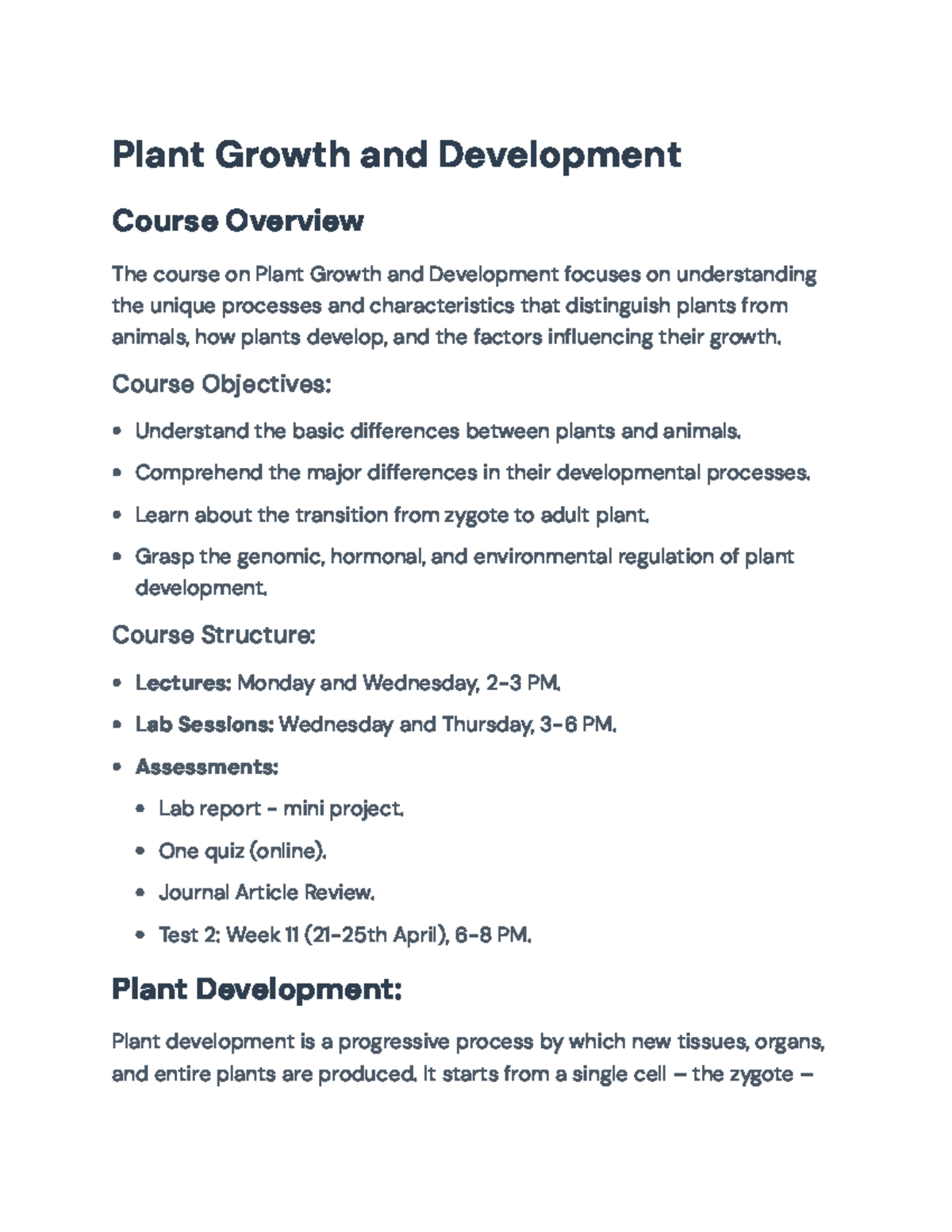 Plant Growth and Development Course Overview (BIO 101) - Plant Growth ...